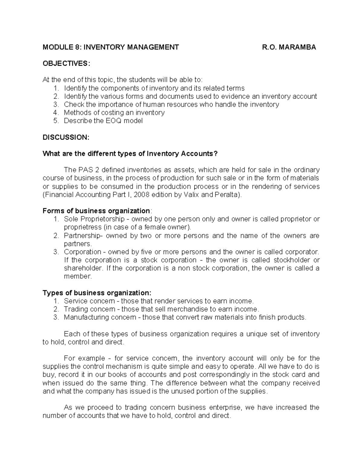 Module 8 - Lecture Notes - MODULE 8: INVENTORY MANAGEMENT R. MARAMBA ...