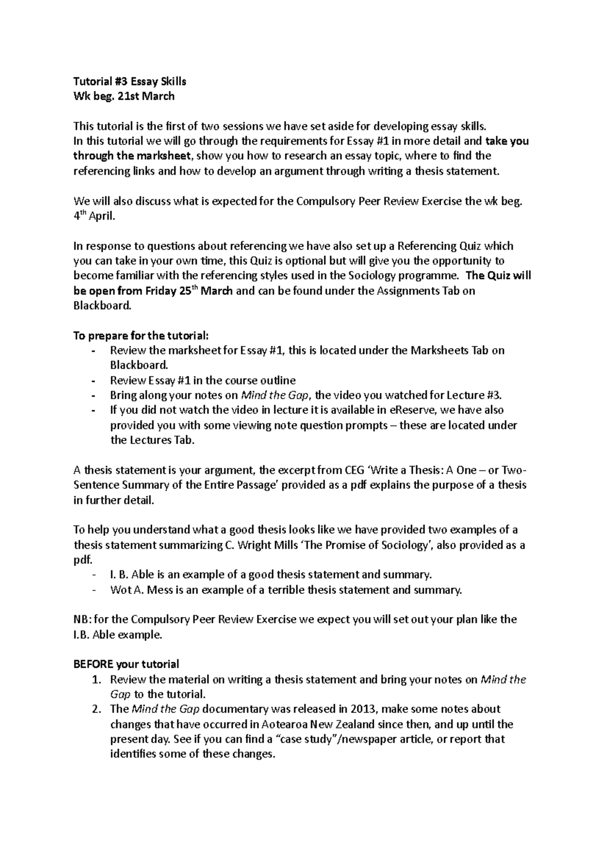 Instructions for Essay Skills Tutorial worksheet(1) - Tutorial #3 Essay ...