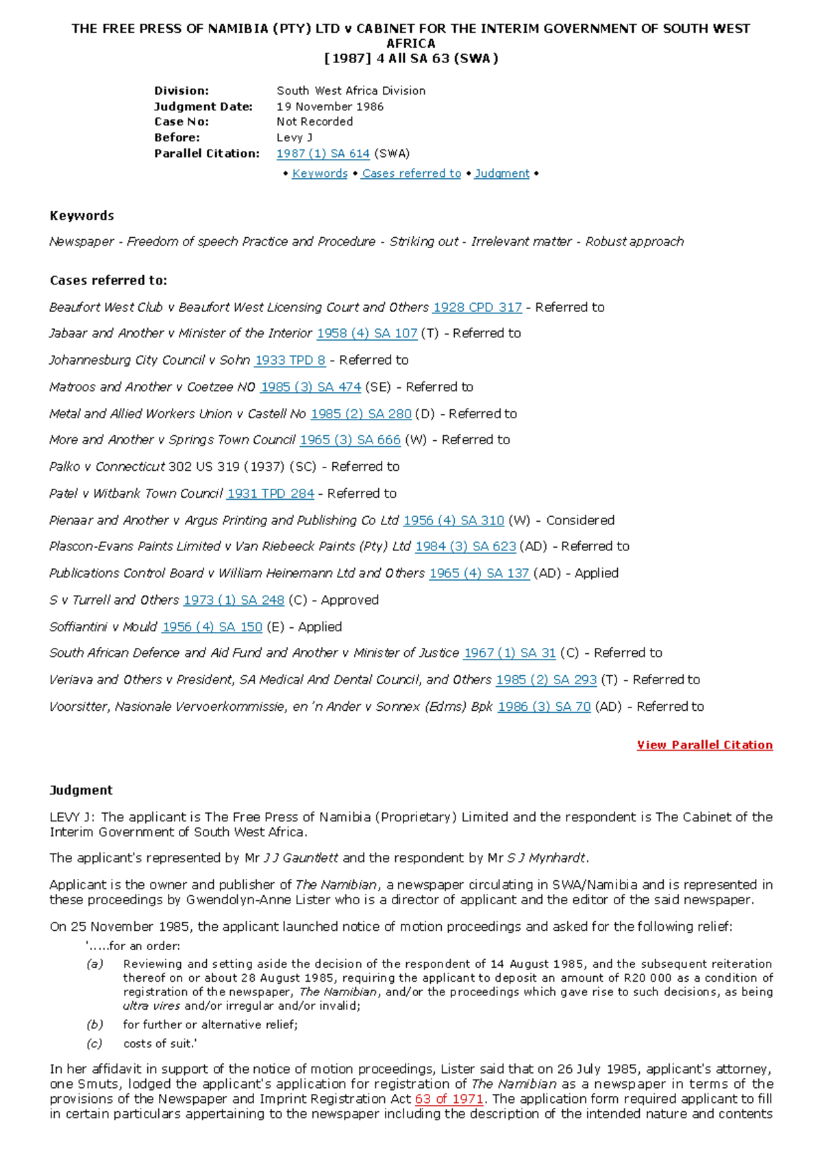 The Free Press of Namibia v SWA Namibia - THE FREE PRESS OF NAMIBIA ...