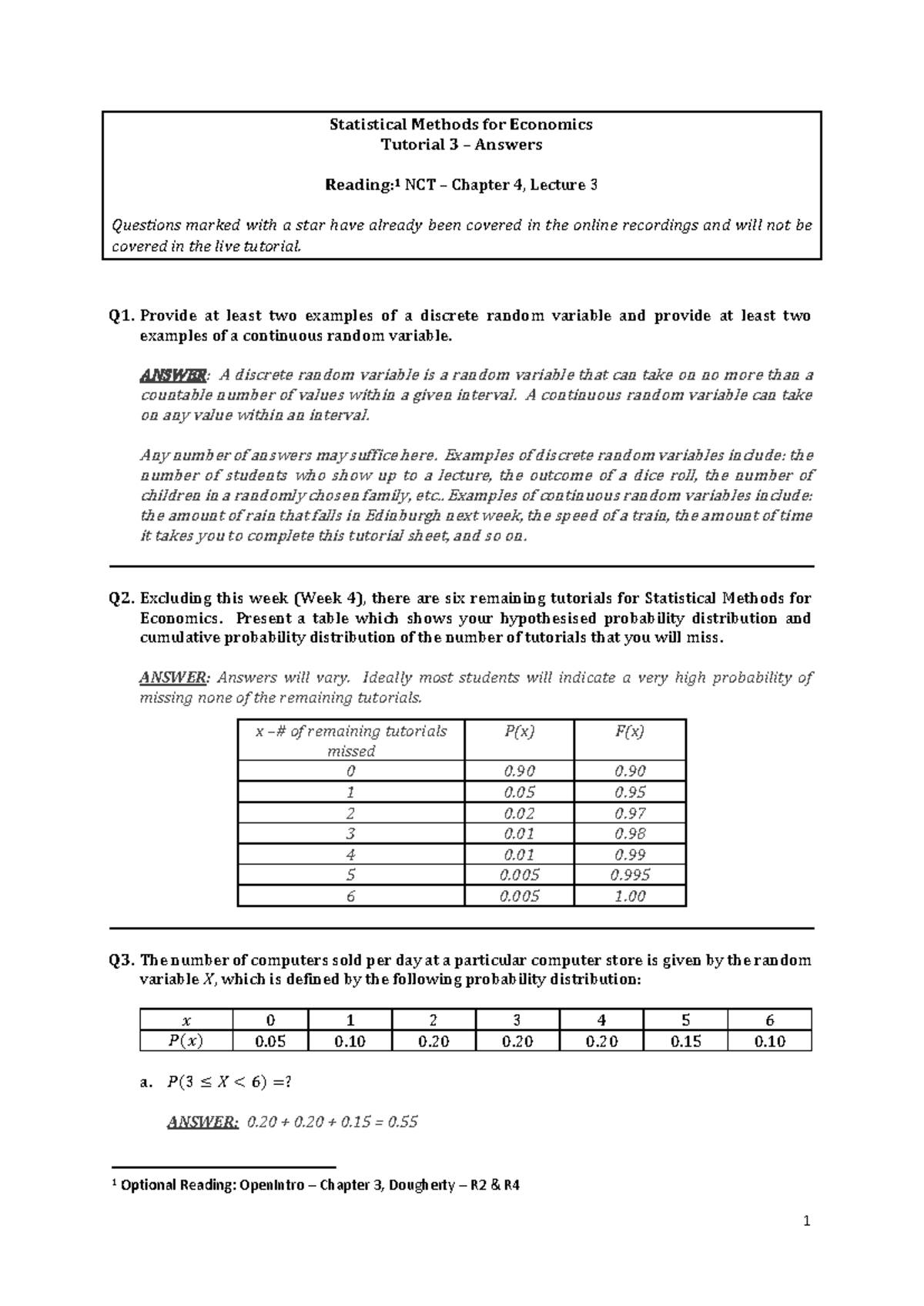 Tutorial 3 - Answers - Statistical Methods for Economics Tutorial 3 – Answers Reading: 1 NCT ...