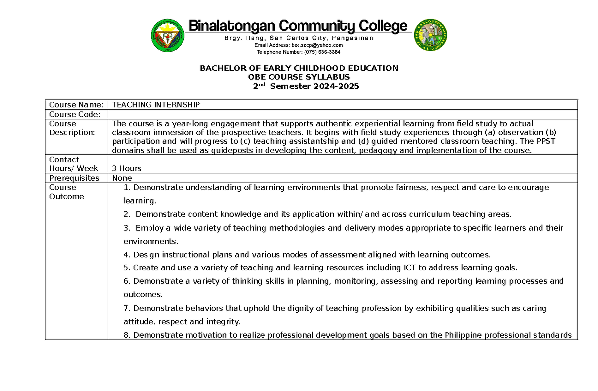 Teaching Internship -Syllabus - BACHELOR OF EARLY CHILDHOOD EDUCATION ...