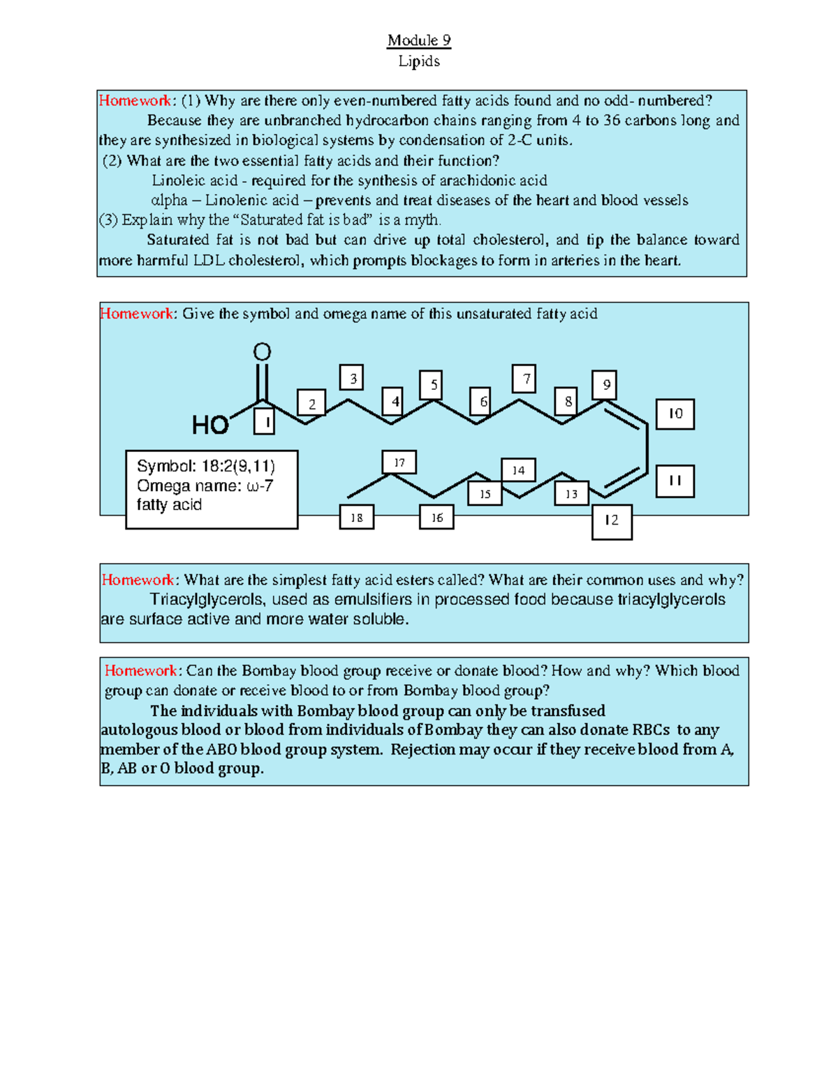 Biochemistry Module 9 Lipids - Homework: (1) Why are there only even ...