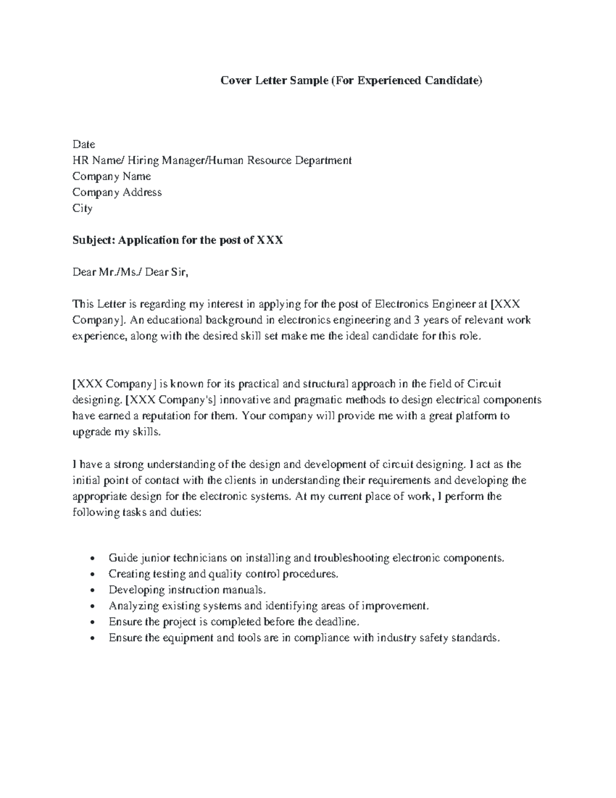 Cover Letter (Sample) for EEE - Cover Letter Sample (For Experienced ...