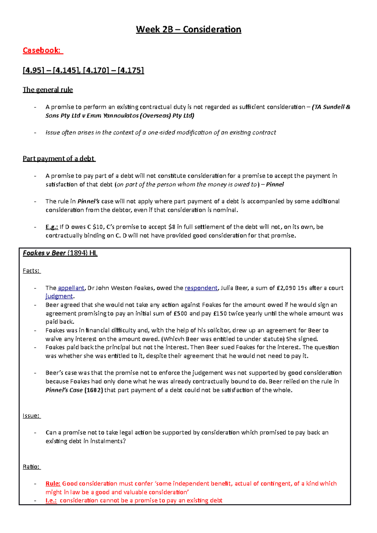 Week 2B lecture notes - Week 2B – Consideration Casebook: [4] – [4], [4 ...