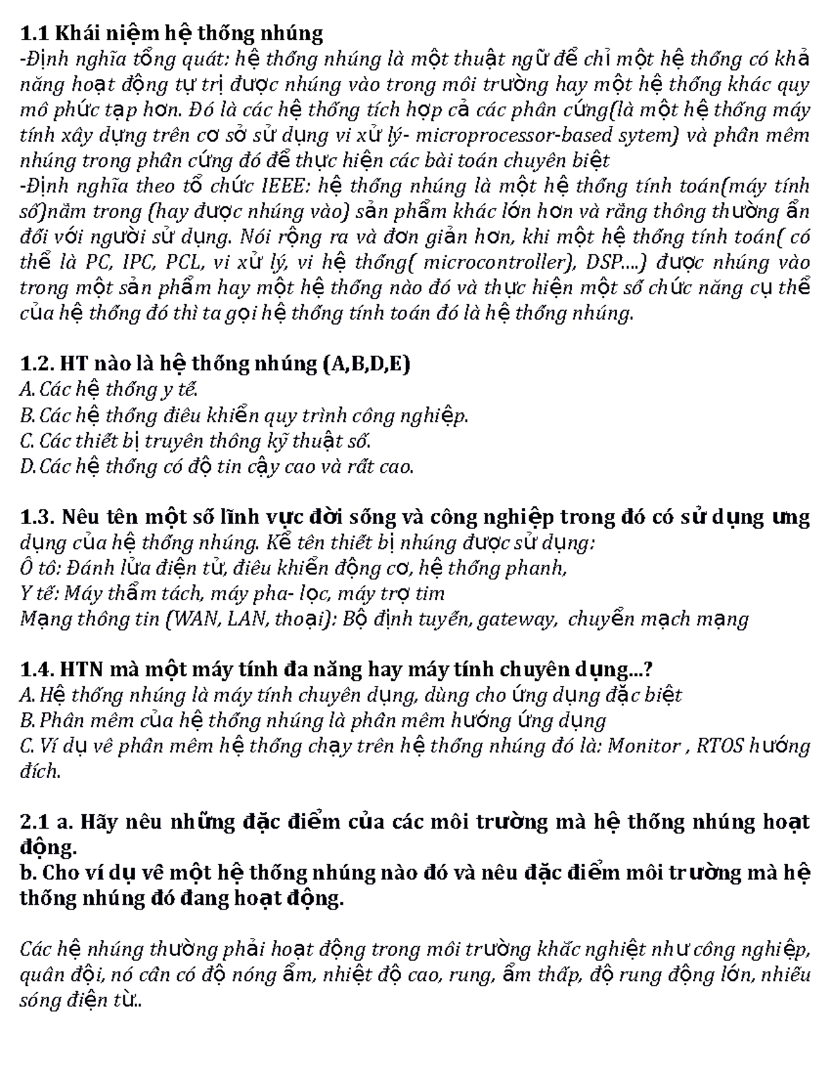 395991624 Giải Ngan Hang Hệ Thống Nhung PTIT - 1 Khái ni ệm h ệthốống nhúng -Đ nh nghĩa tị ổng ...