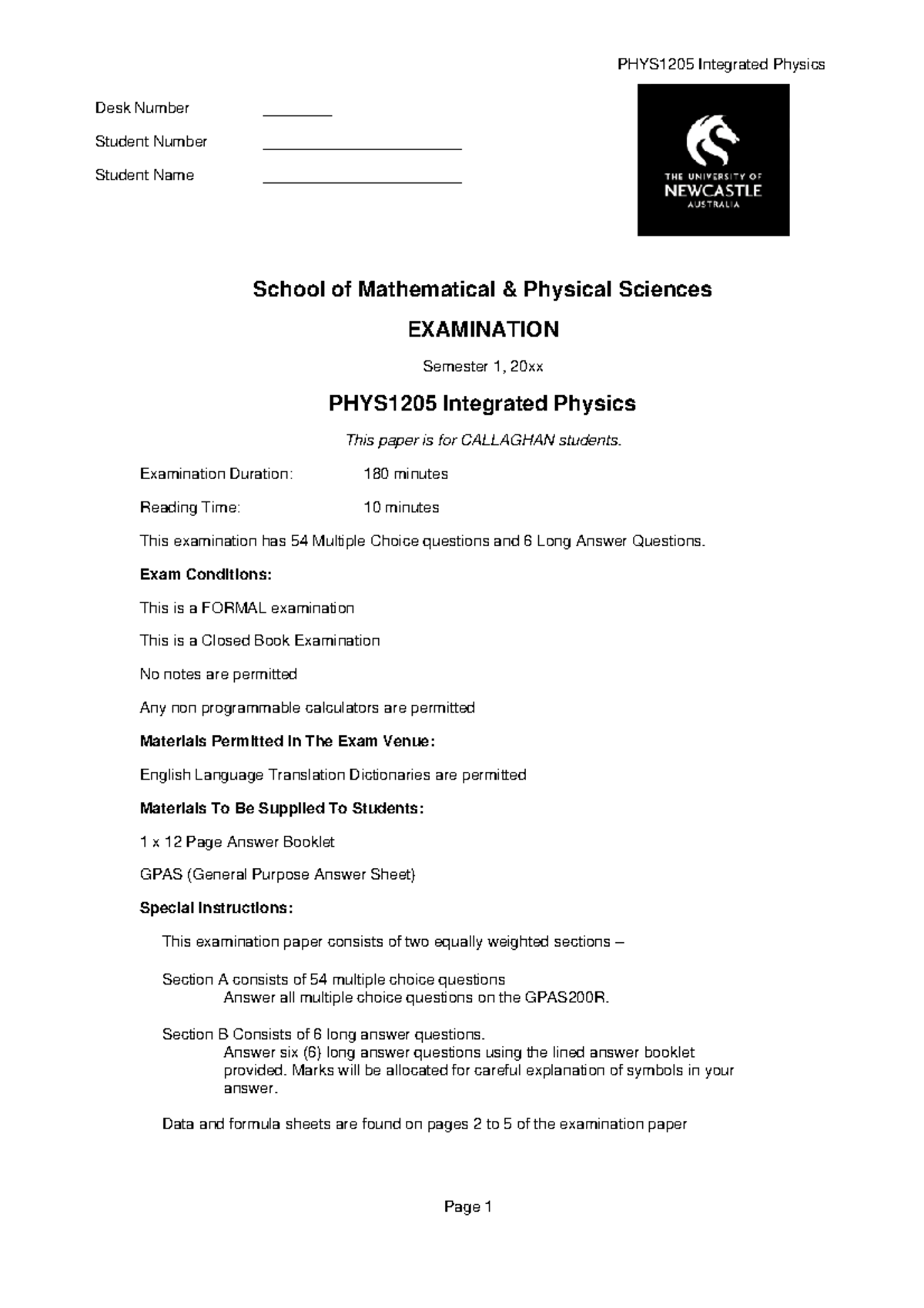 Sample/practice exam - School of Mathematical & Physical Sciences ...