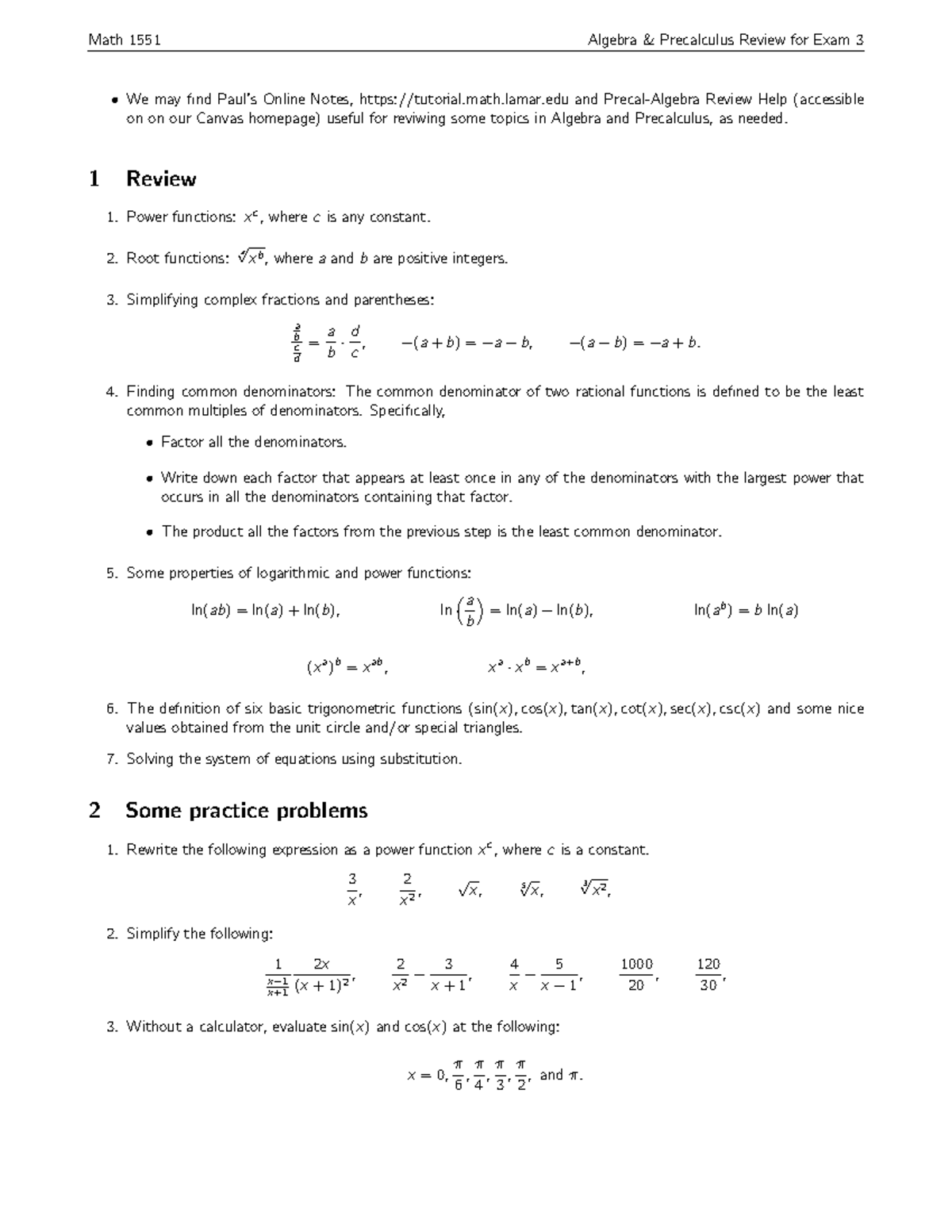 Exam 3 Algebra Pre Cal Review-1 - Math 1551 Algebra & Precalculus ...