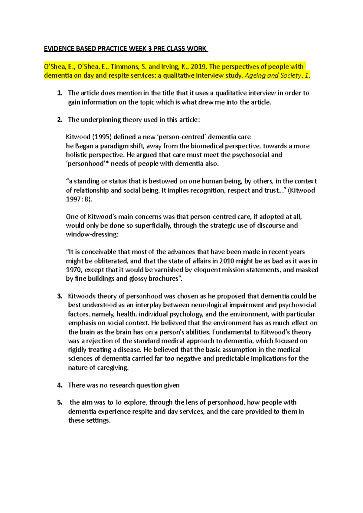 WEEK 3 Evidence Based Practice PRE Class WORK - EVIDENCE BASED PRACTICE ...