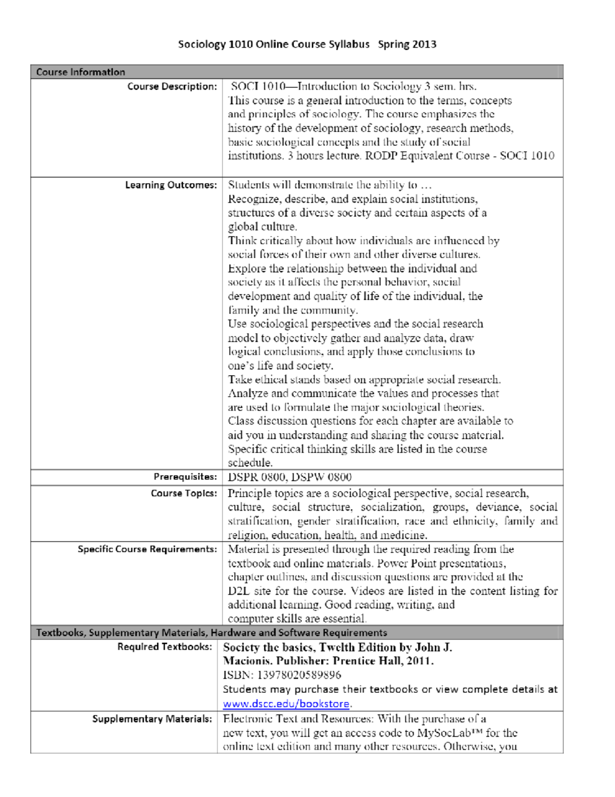 Sociology 1010 Online Course Syllabus Spring 2013 Course - SOC 101 ...