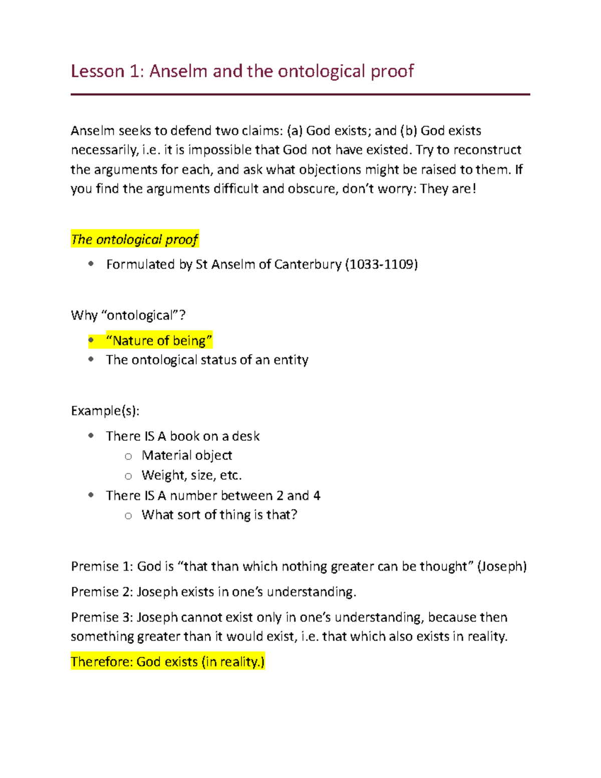Lesson 1- Anselm and the ontological proof - it is impossible that God ...