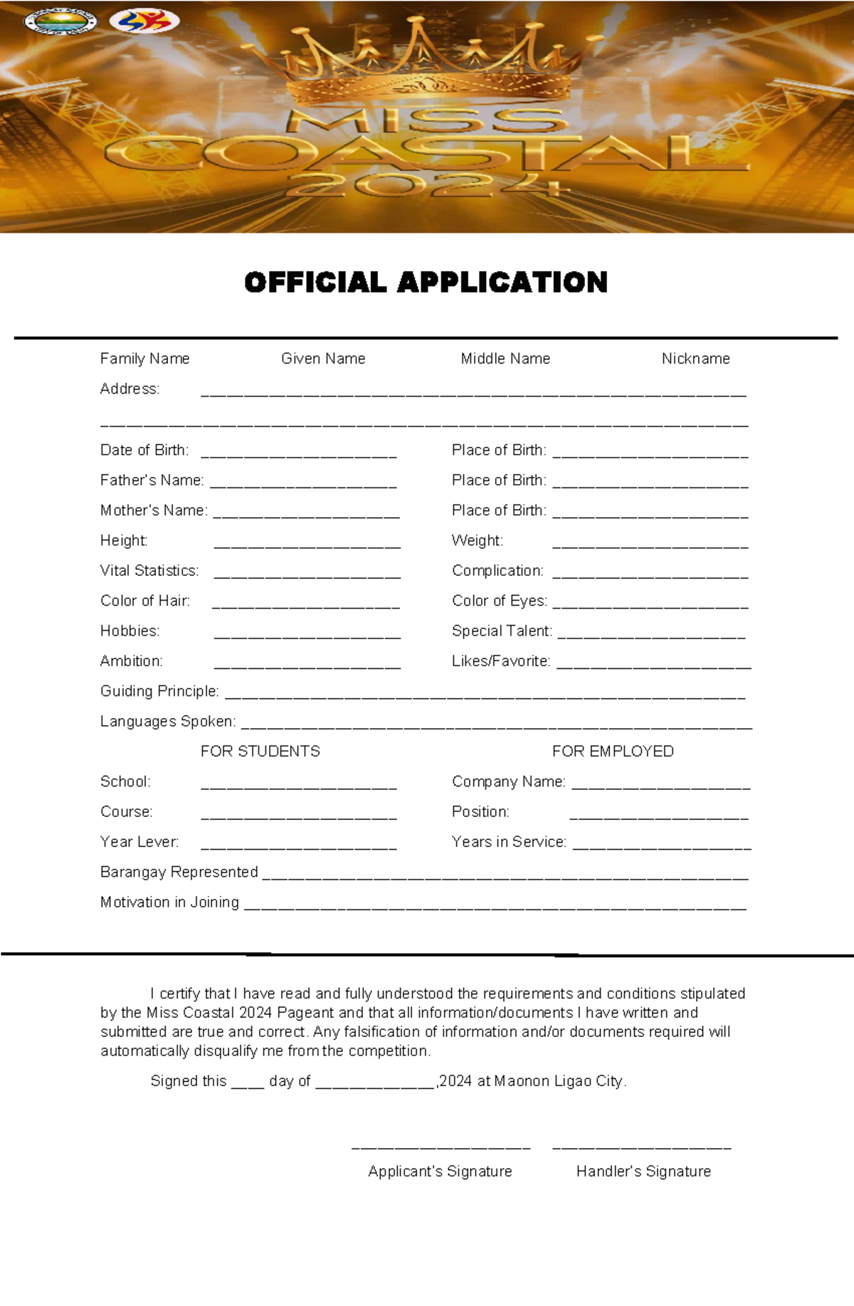 Application Form - OFFICIAL APPLICATION Family Name Given Name Middle ...
