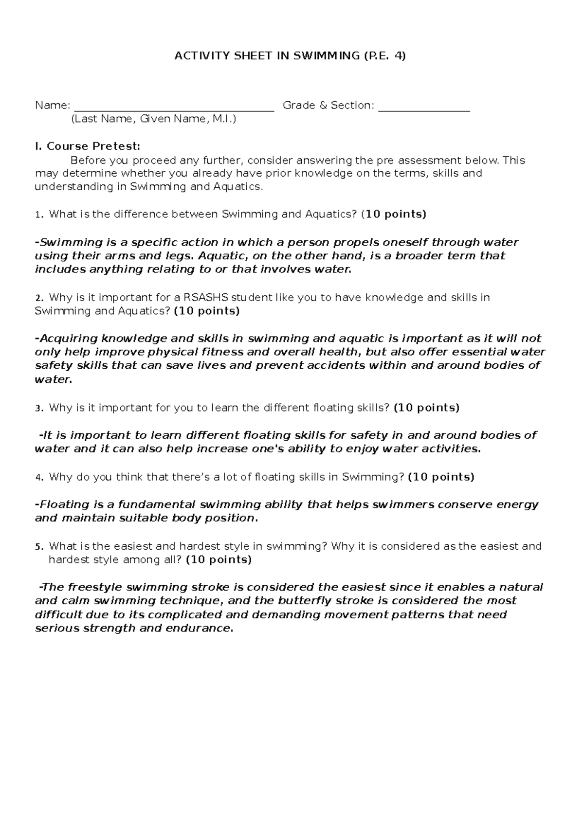 Swimming - Physical Education - ACTIVITY SHEET IN SWIMMING (P. 4) Name: - Studocu