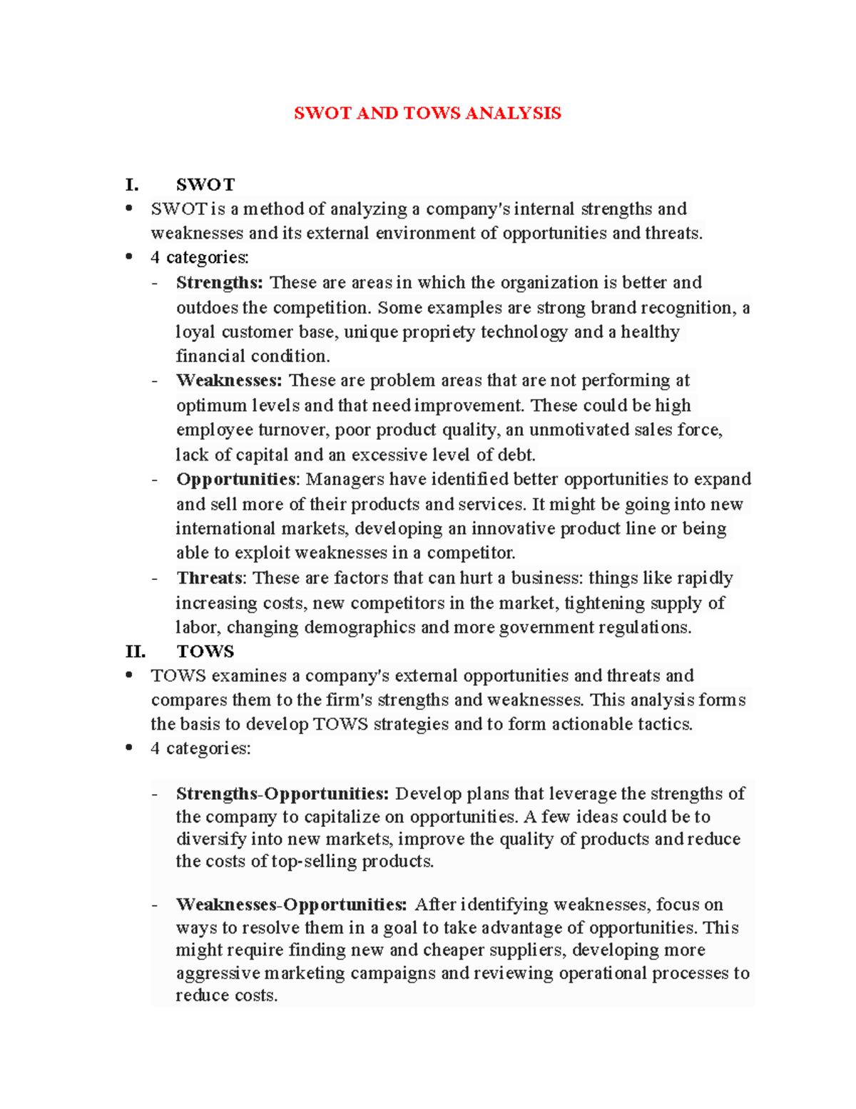 SWOT AND TOWS Analysis - Very useful for exams - SWOT AND TOWS ANALYSIS ...