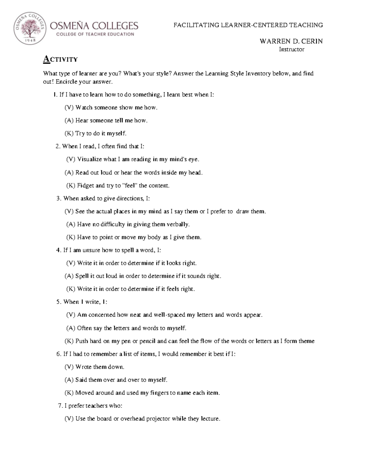 Activity - learning styles - FACILITATING LEARNER-CENTERED TEACHING ...