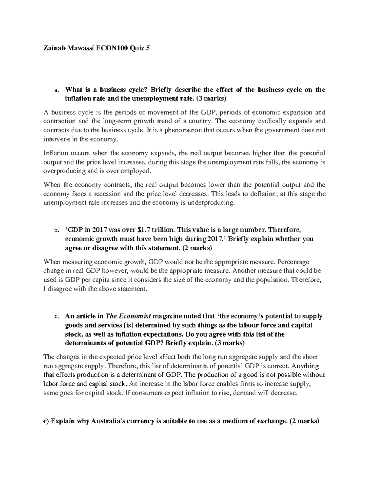 Econ quiz 5 - econ quiz - ECON100 - UOW - Studocu