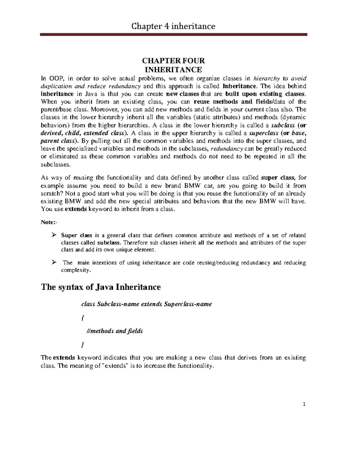 Chapter 4 Inheritance - work - Computer organization and architecture - Studocu