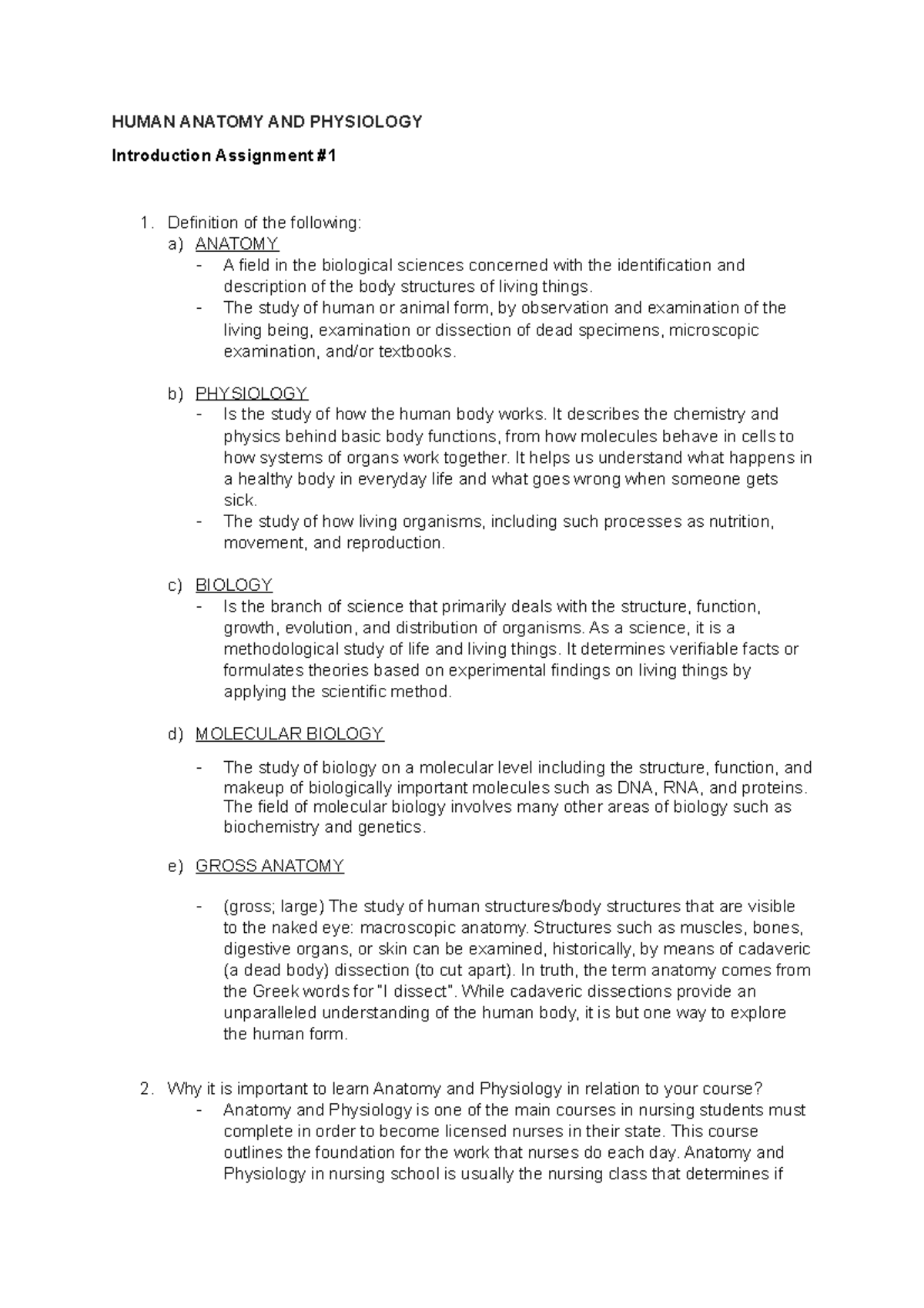 Assign 1 HUMAN ANATOMY AND PHYSIOLOGY Introduction Assignment
