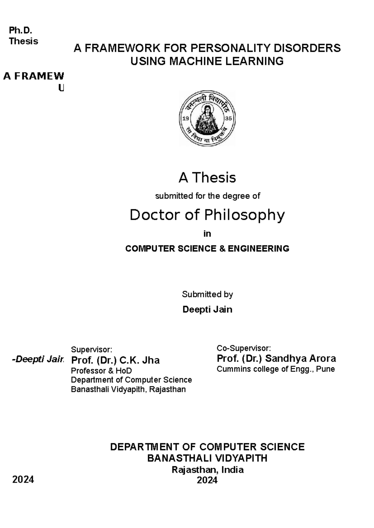 Front Page Thesis Paper - A FRAMEWORK FOR PERSONALITY DISORDERS USING ...