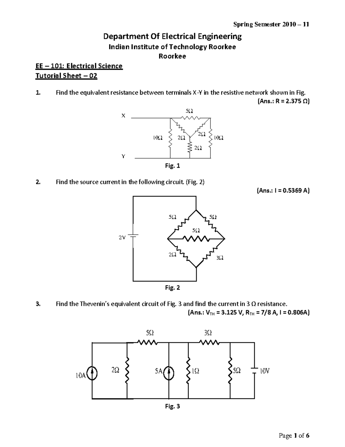 Tutorial 2 - Practice Sheet - Department Of Electrical Engineering Indian Institute of ...