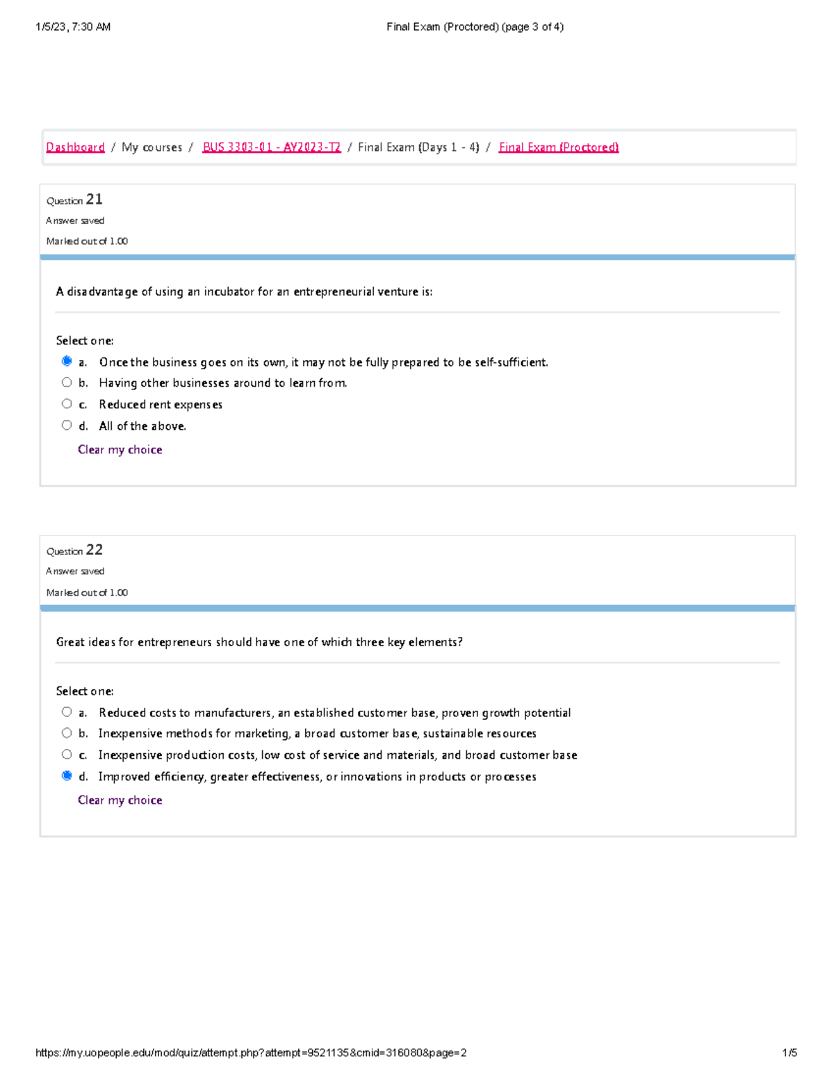 BUS 3303-01 Entrepreneurship 1 - AY2023-T2 Final Exam (Proctored) (page 3 of 4) - Question 21 ...