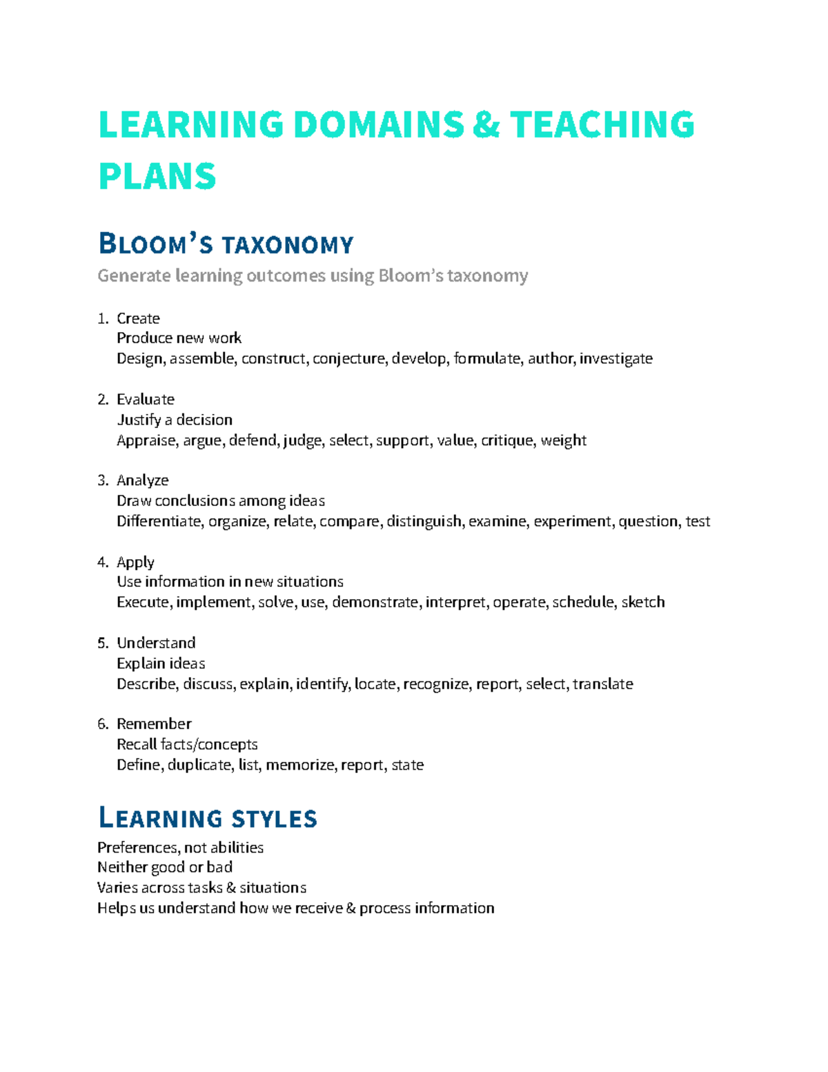 Module 8 - LEARNING DOMAINS & TEACHING PLANS BLOOM’S TAXONOMY Generate ...