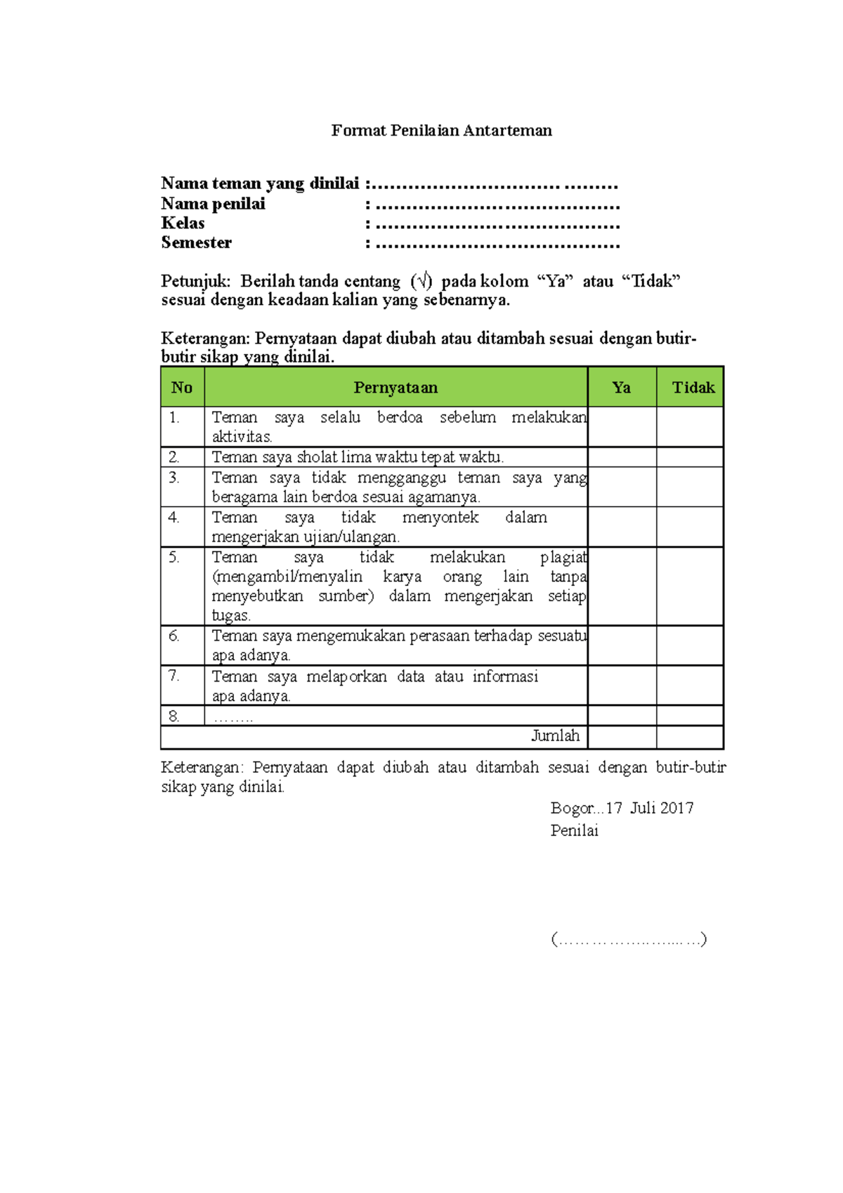 Semester 1 Format Penilaian Antar teman rpp 1 - Format Penilaian ...