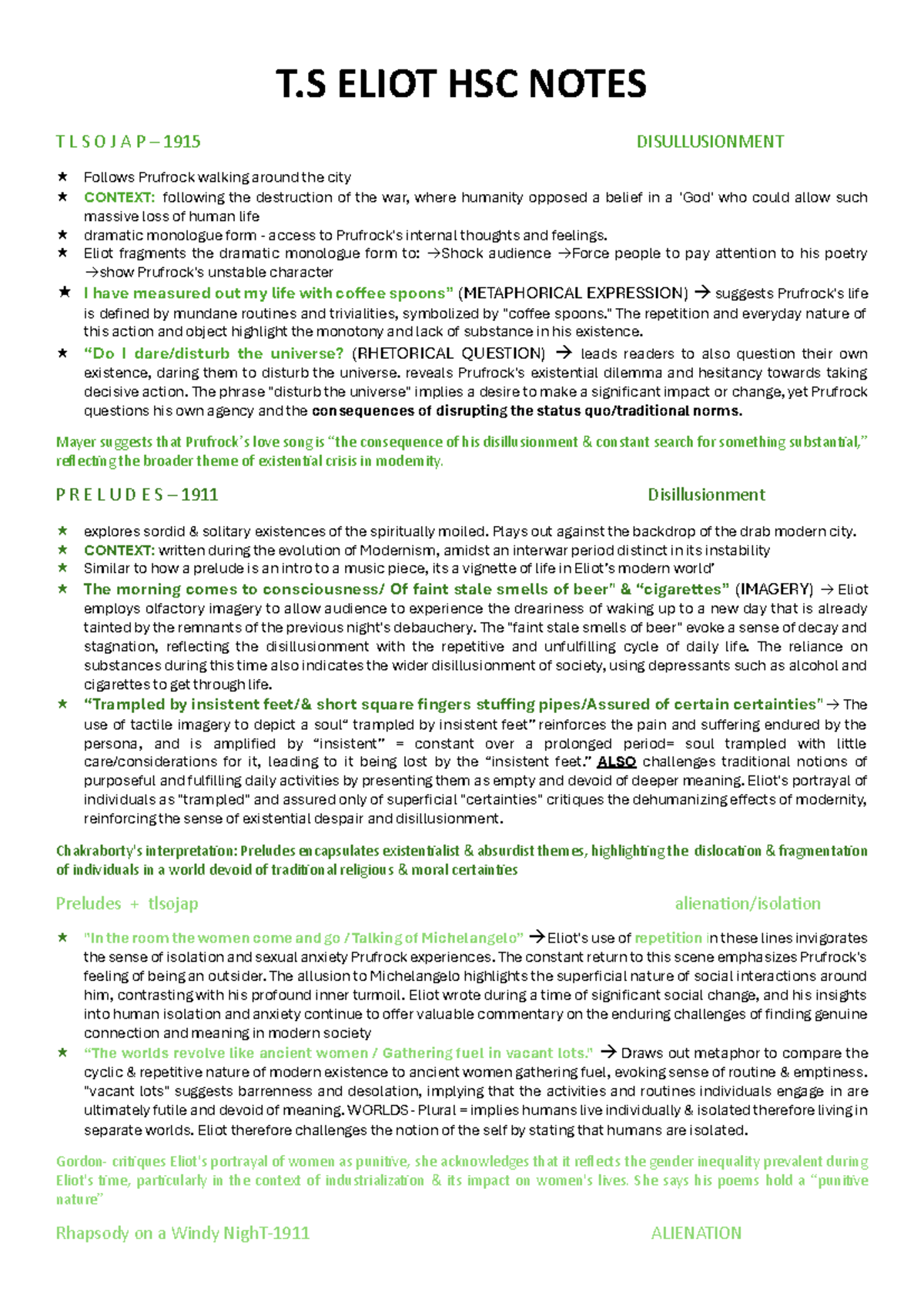 T.s. eliot hsc final - T ELIOT HSC NOTES T L S O J A P – 1915 ...