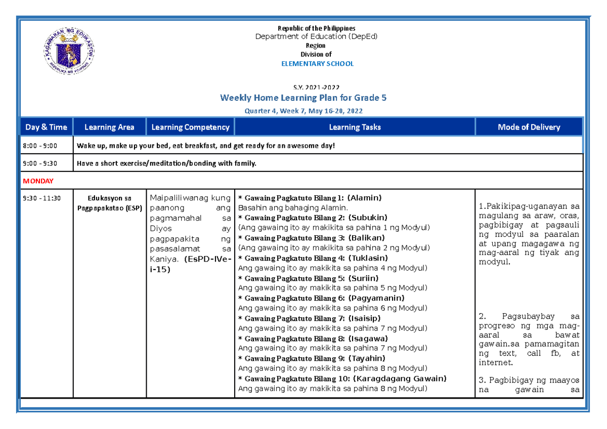 WHLP Grade 5 Q4 W7 2 - WHLP - Weekly Home Learning Plan for Grade 5 Quarter 4, Week 7, May 16-20 ...