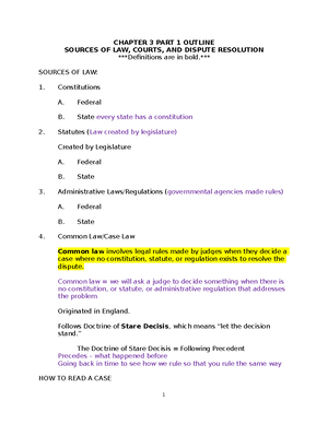 Chapter 3 Part 2 Outline Entrepreneur Law - CHAPTER 3 PART 2 OUTLINE SOURCES OF LAW, COURTS, AND ...
