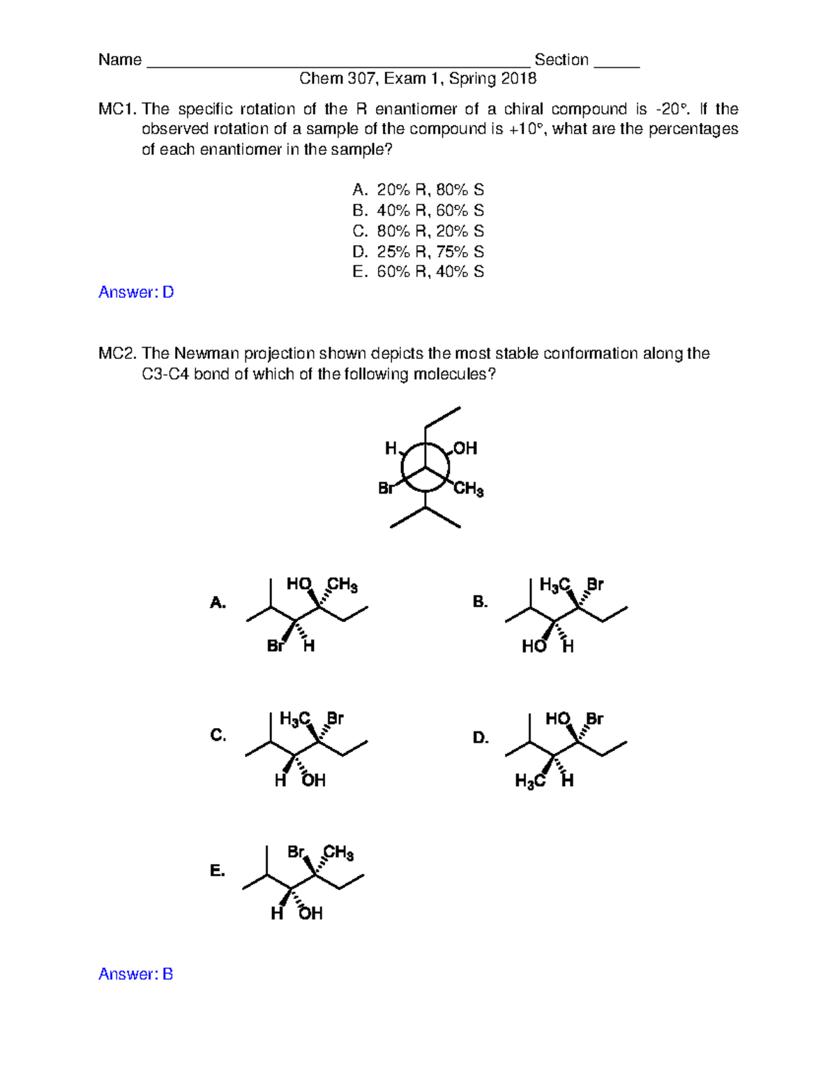 Chem 307 Spring 18 Exam 1 KEY (1) 1-3 - Name ...