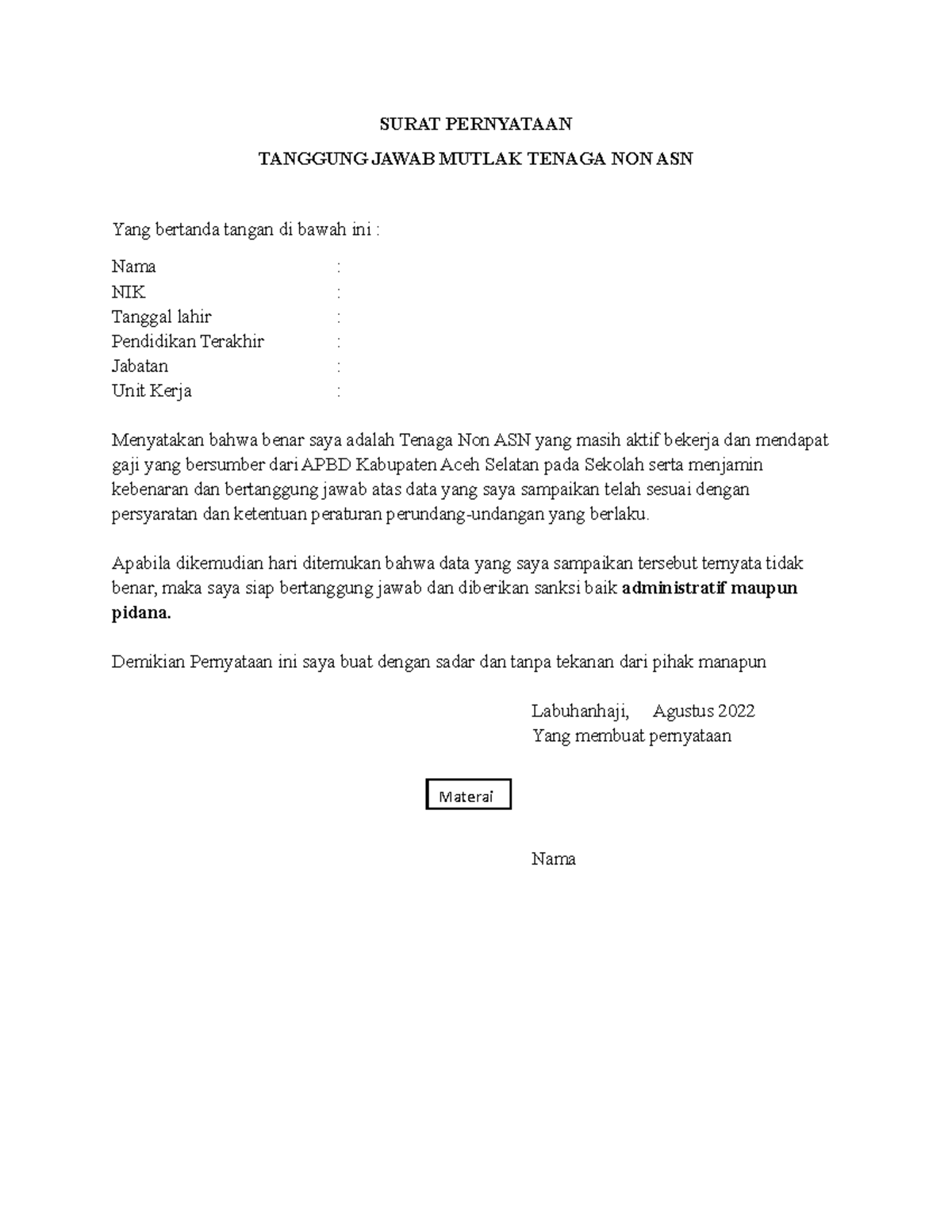 Format Sptjm - gk ngerti - Materai SURAT PERNYATAAN TANGGUNG JAWAB ...