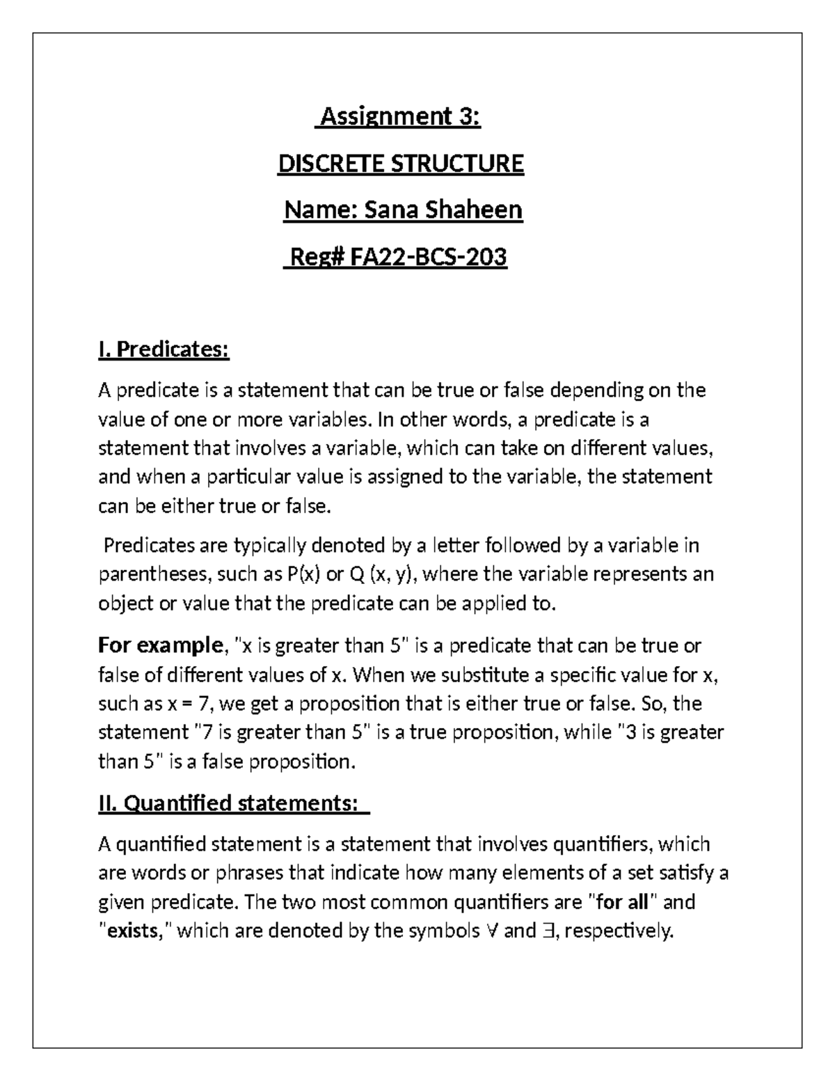 Ds Assignment Assignment 3 Discrete Structure Name Sana Shaheen Reg Fa22 Bcs I Predicates