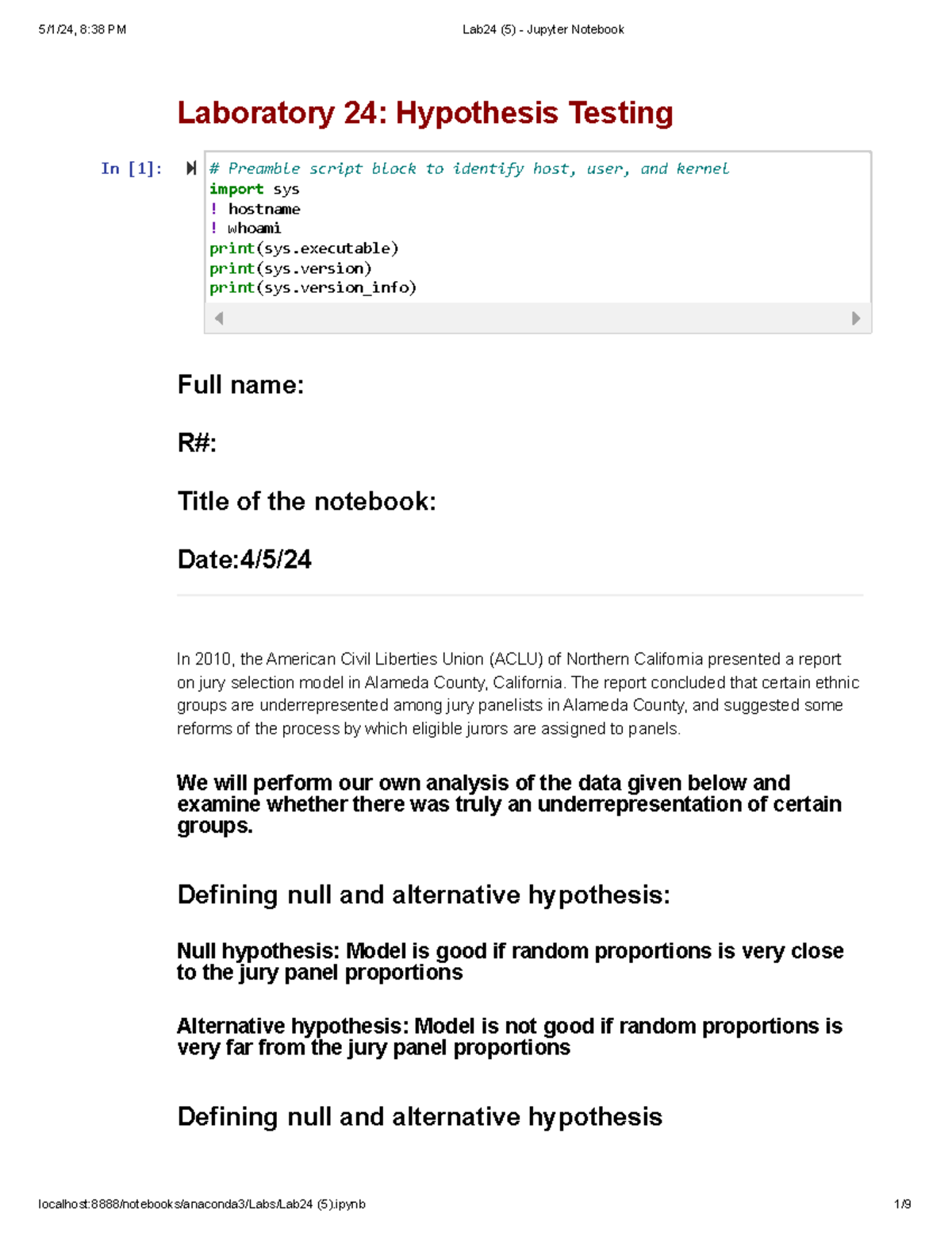 Lab24 Jupyter Notebook Laboratory 24 Hypothesis Testing In 1 Full Name R Title Of The 8988
