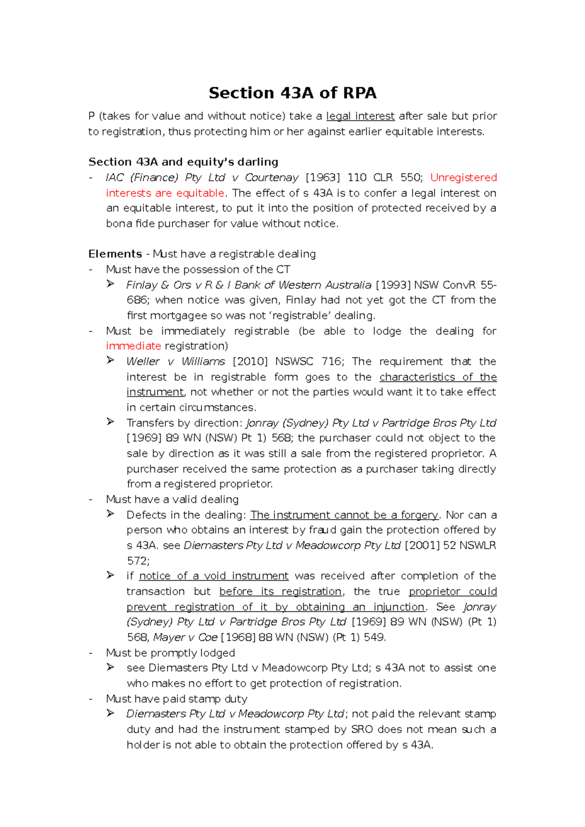 Section 43A of RPA - Notes - Section 43A of RPA P (takes for value and ...