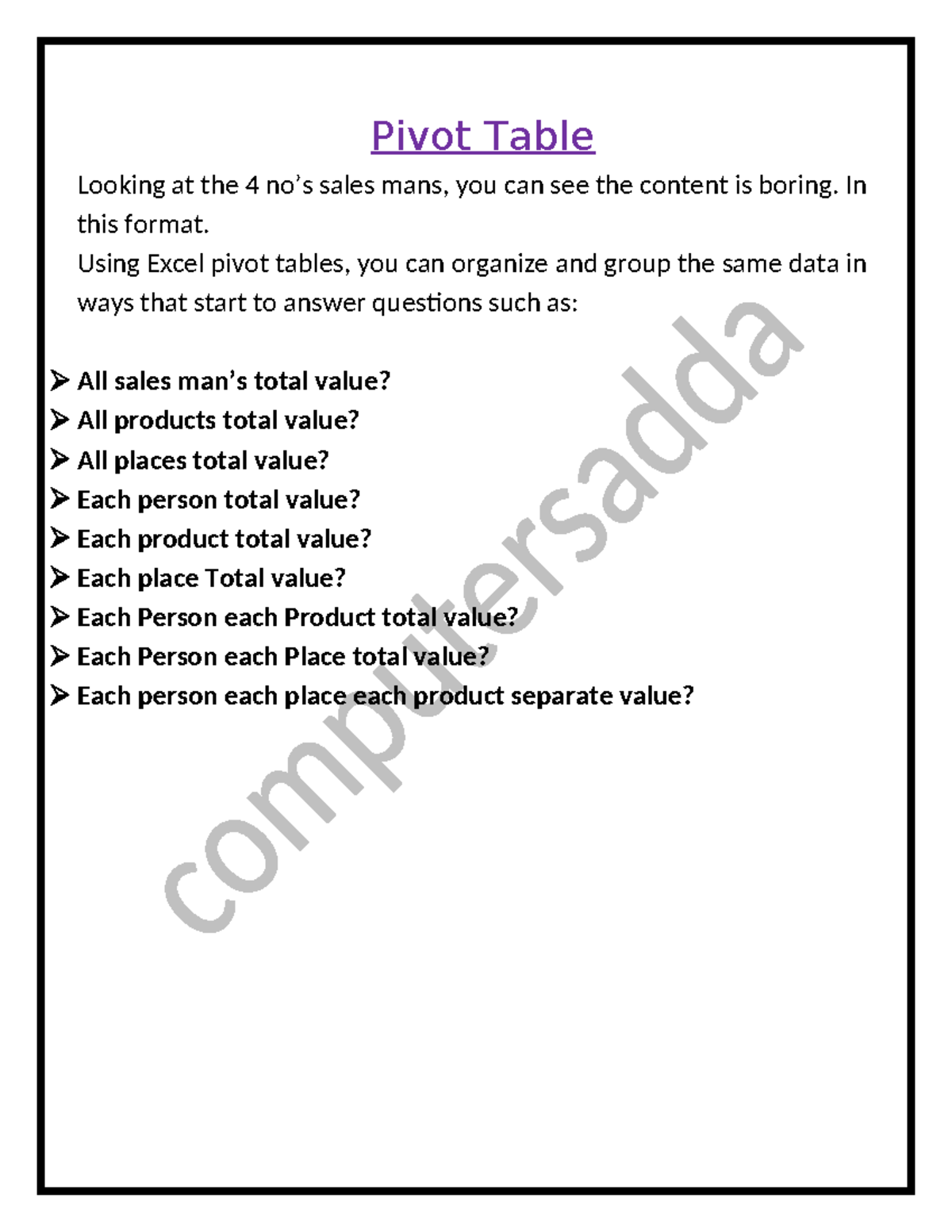 Pivot Table Questions - Pivot Table Looking at the 4 no’s sales mans ...