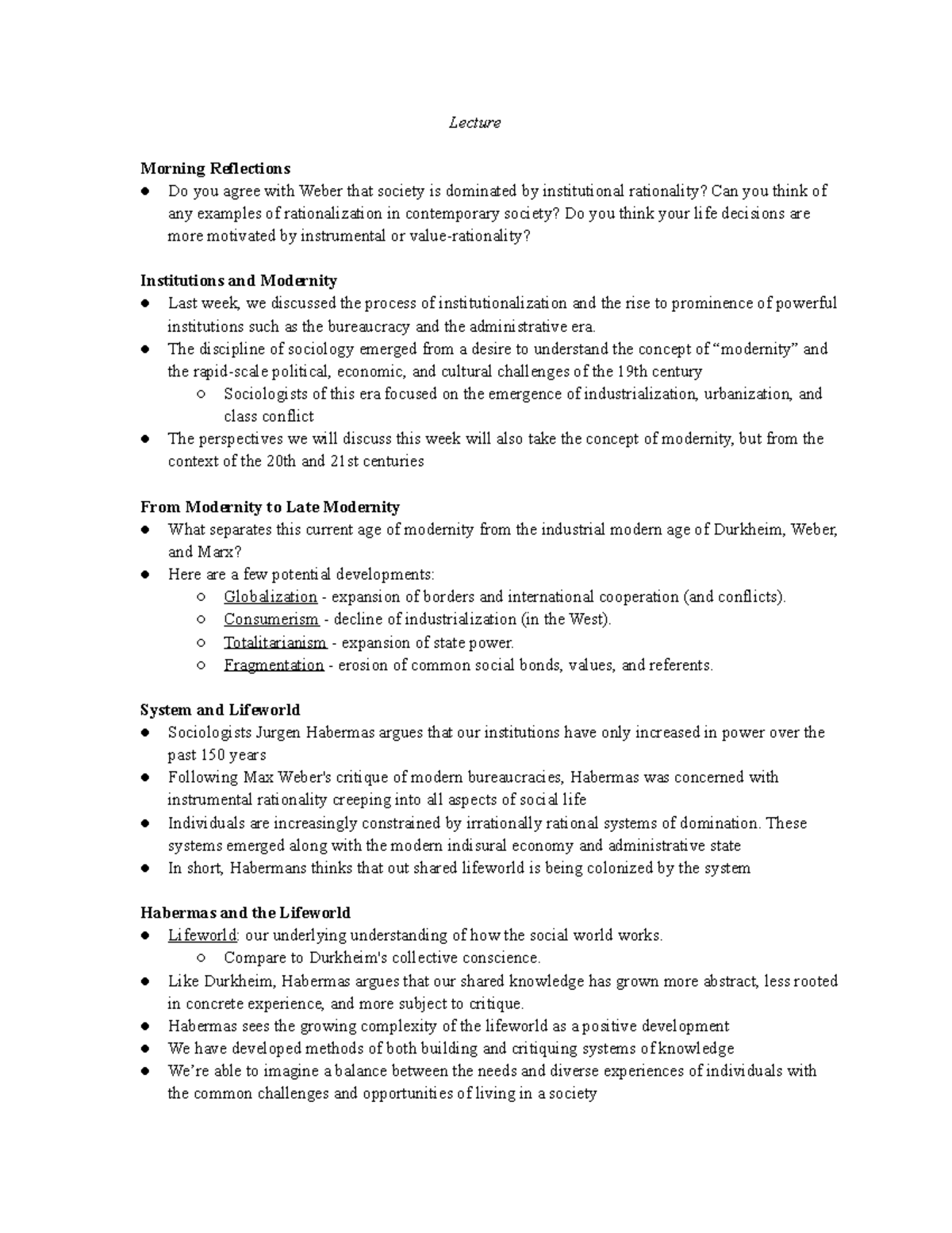 Week 7 Lecture and Discussion Social Institutions - Lecture Morning Reflections Do you agree ...