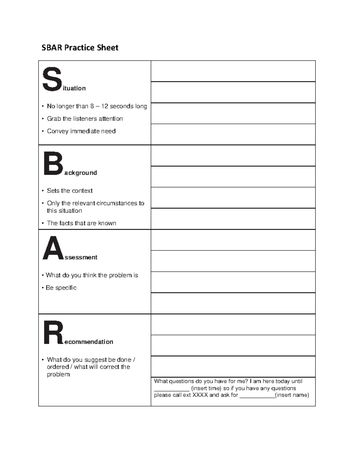 SBAR Practice Sheet - SBAR Practice Sheet Situation No longer than 8 ...