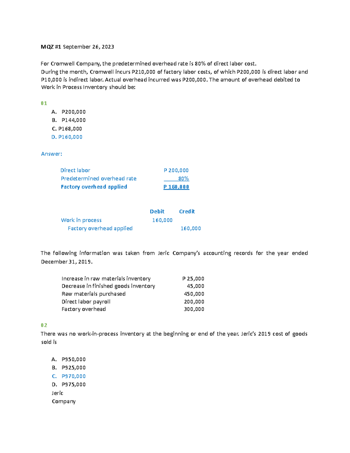 2023-09-26 MQZ1 - w Answers - MQZ #1 September 26, 2023 For Cromwell ...
