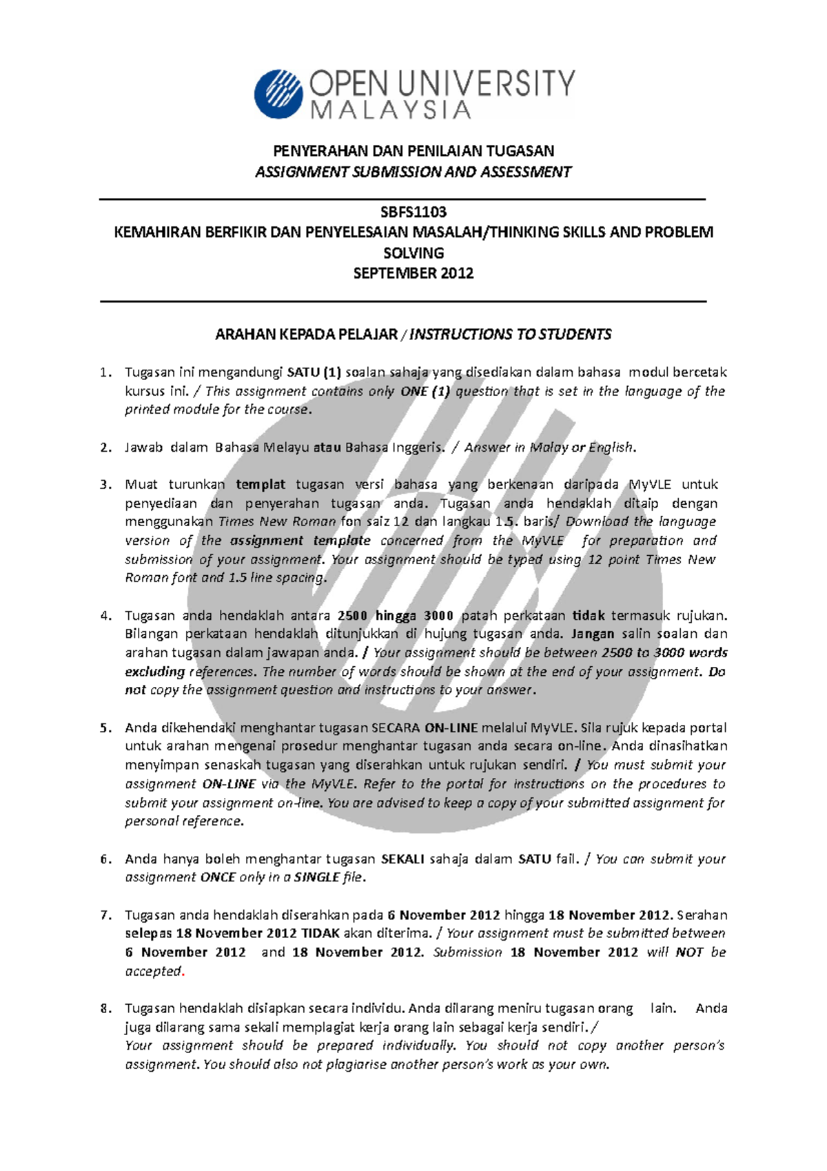 Assignment Semester September 2012 - PENYERAHAN DAN PENILAIAN TUGASAN ASSIGNMENT SUBMISSION AND ...