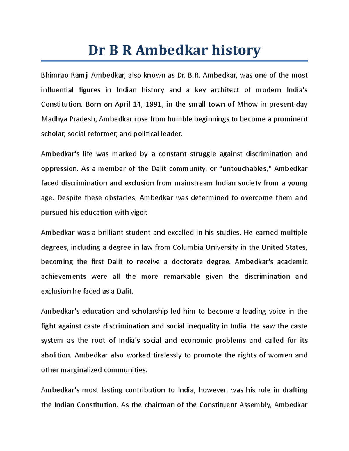 Dr B R Ambedkar history - Dr B R Ambedkar history Bhimrao Ramji ...