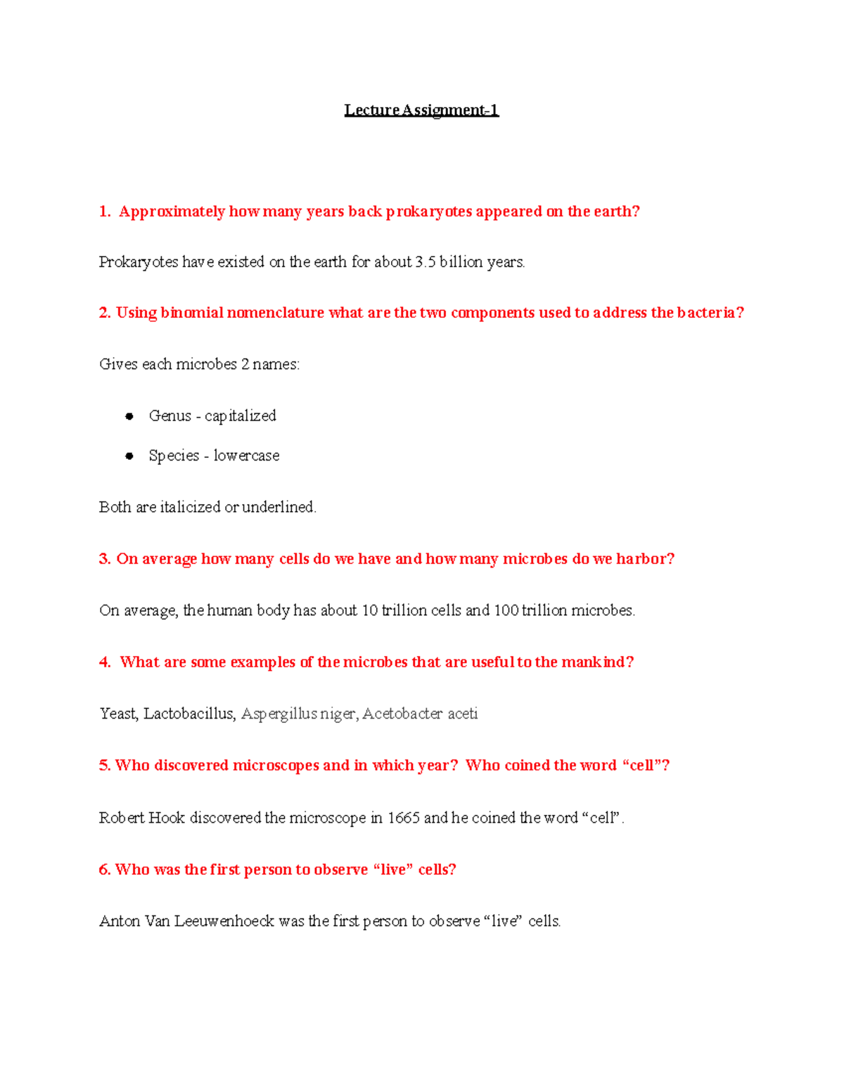 Microbiology Lecture Assignment 1 Lecture Assignment 1 