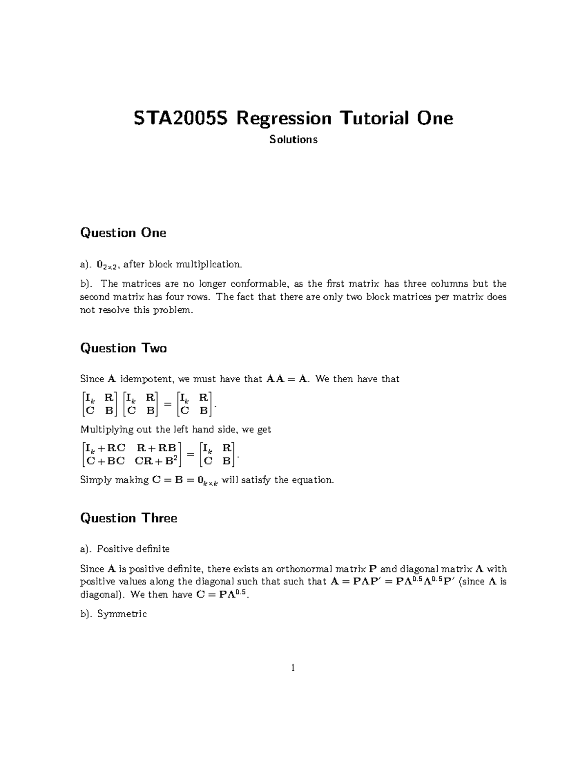 Tut Reg 1Intro MVNSolutions - STA2005S Regression Tutorial One Solutions Question One a). 𝟎2×2 ...