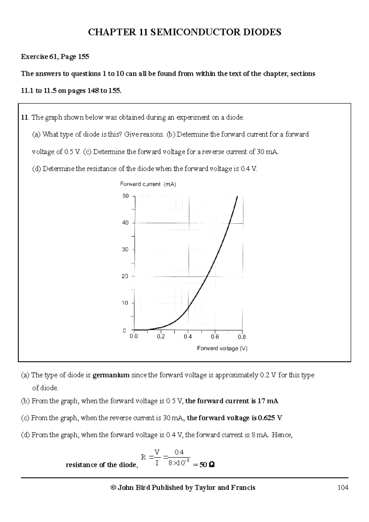 Chapter 11 - CHAPTER 11 SEMICONDUCTOR DIODES Exercise 61, Page 155 The ...