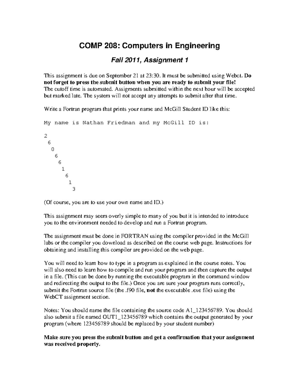 Ass - Practice/Exam - COMP 208: Computers in Engineering Fall 2011, Assignment 1 This assignment ...