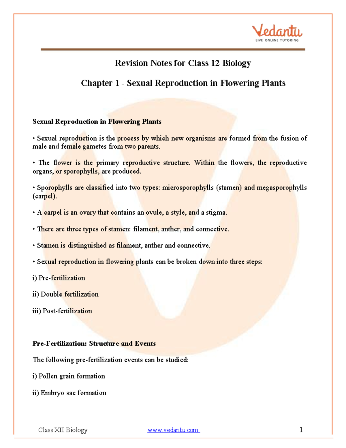 Class 12 Chapter 1 Sexual Reproduction In Flowering Plants Notes - PDF ...
