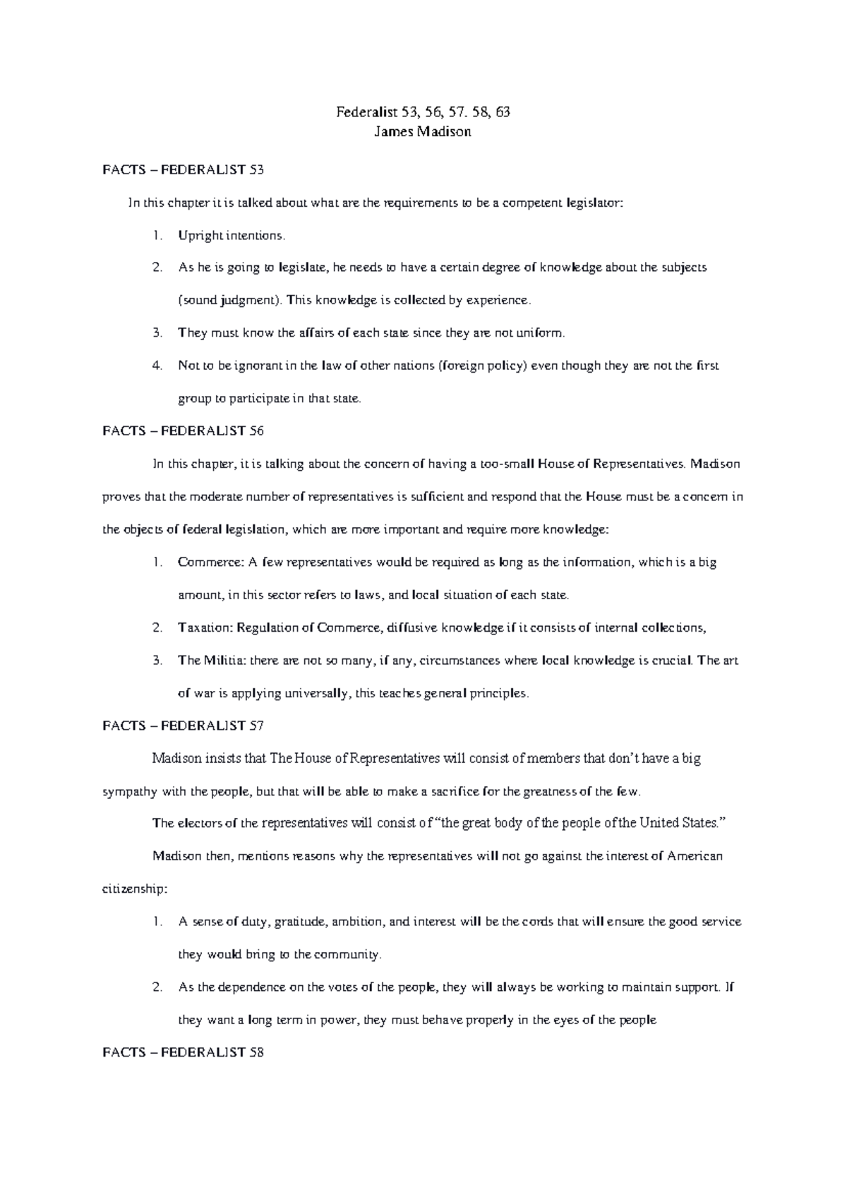 Woll Reading #5 - Federalist 53, 56, 57. 58, 63 James Madison FACTS ...