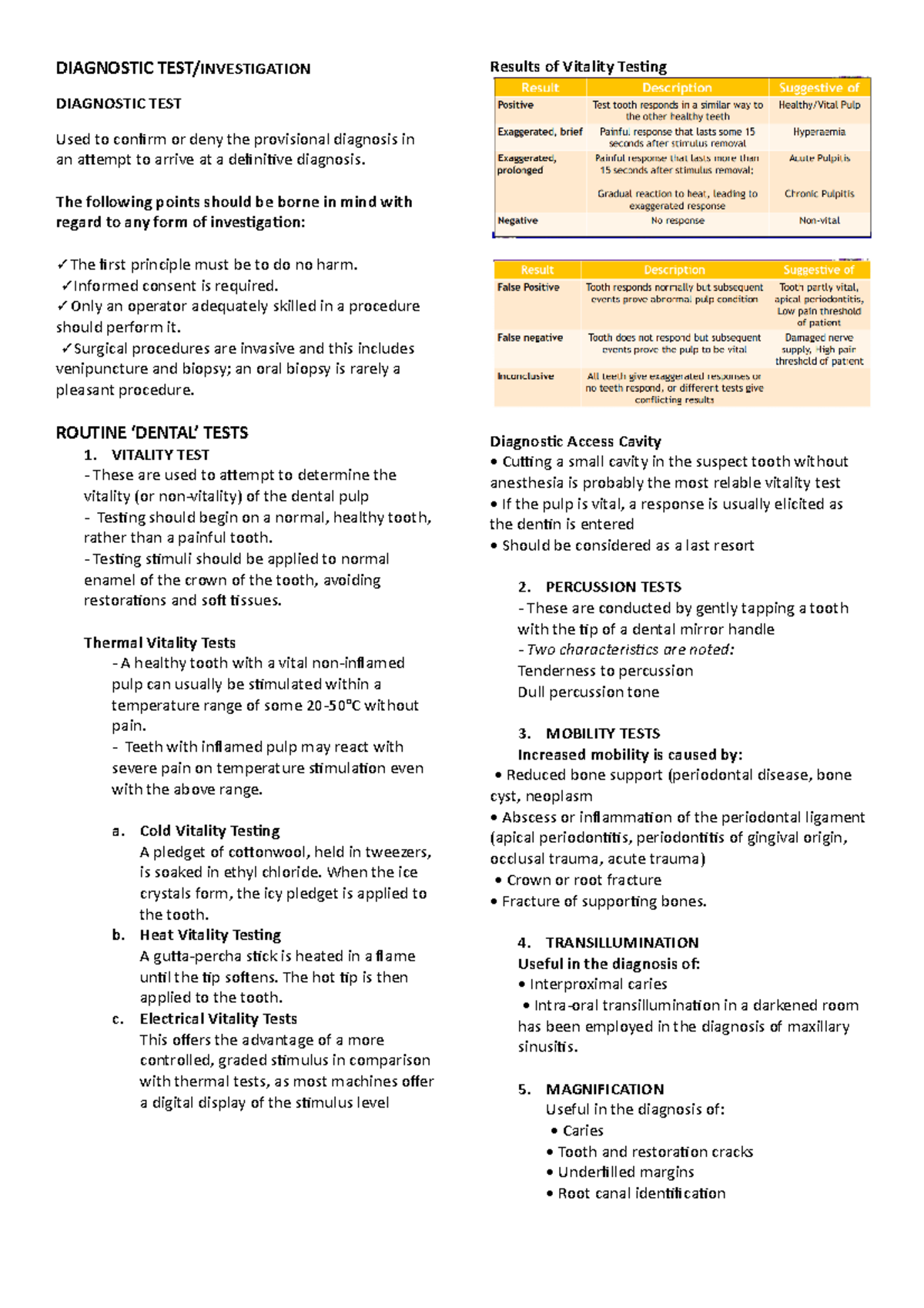 Diagnostic TEST 4 - oral diag - DIAGNOSTIC TEST/INVESTIGATION ...