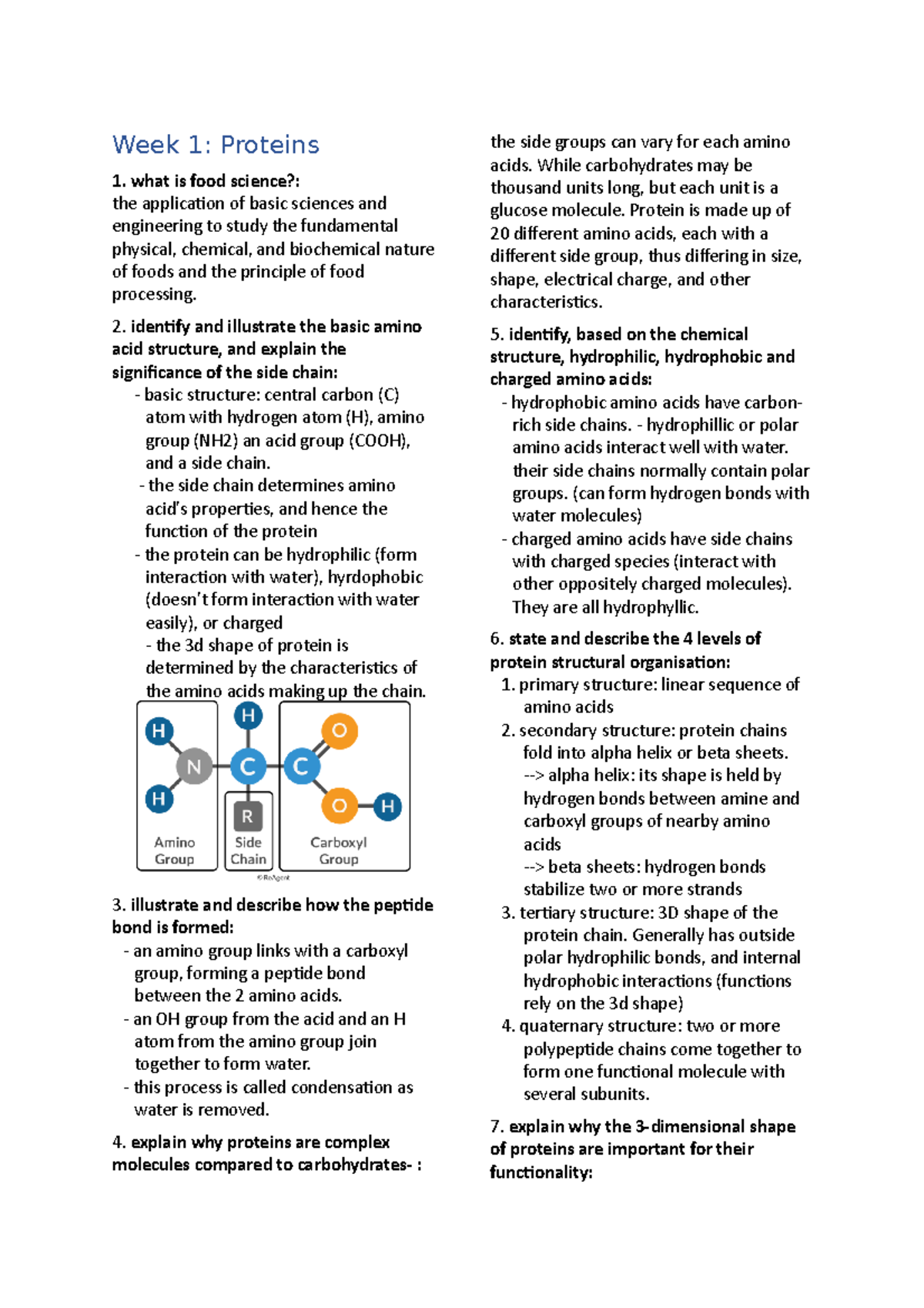 Lecture notes week1-3 - Week 1: Proteins what is food science?: the ...
