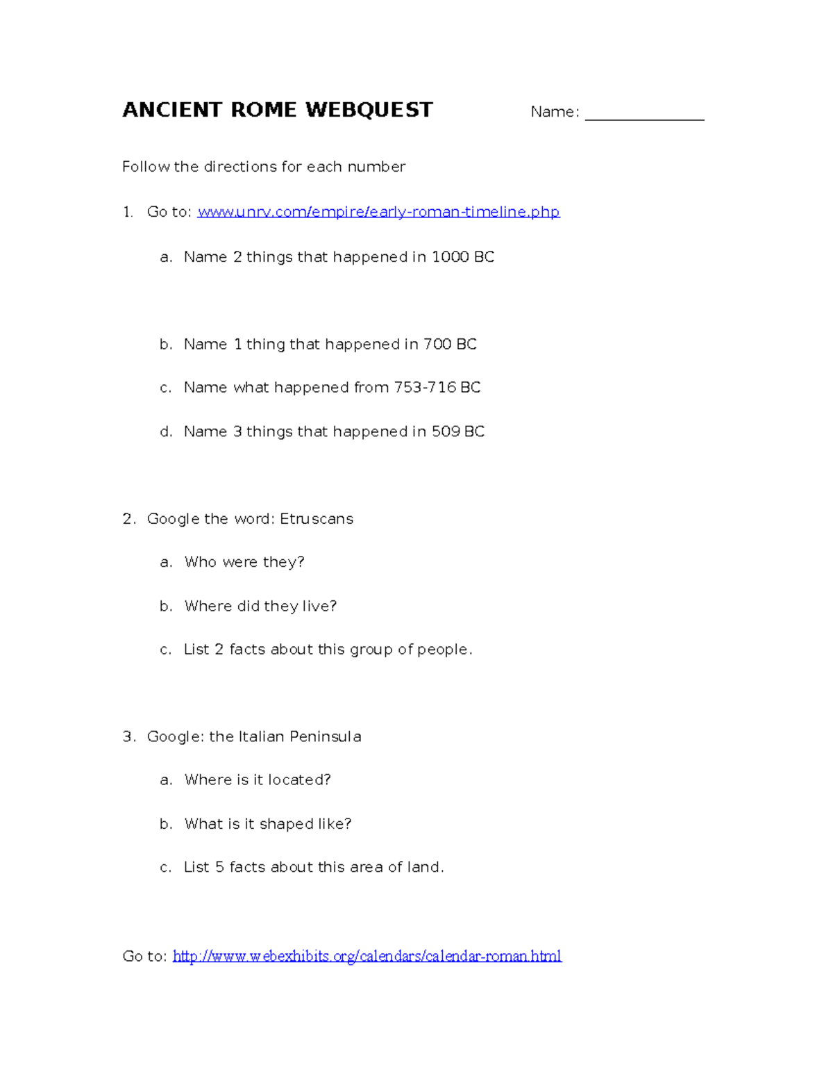 Rome Scavenger Hunt - Year of 2022 - ANCIENT ROME WEBQUEST Name ...