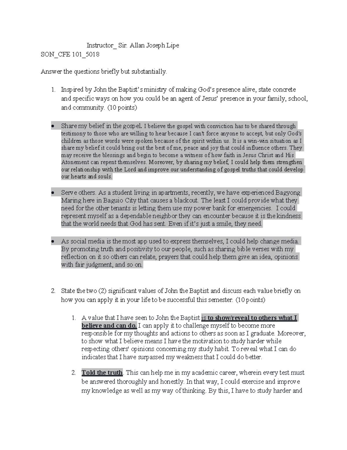 Module 3, Lesson 2 Missionary Response - Instructor_ Sir. Allan Joseph Lipe SON_CFE 101_ Answer ...